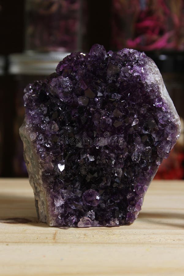 Large Amethyst Crystal on Wooden Meditation Table Stock Image - Image ...