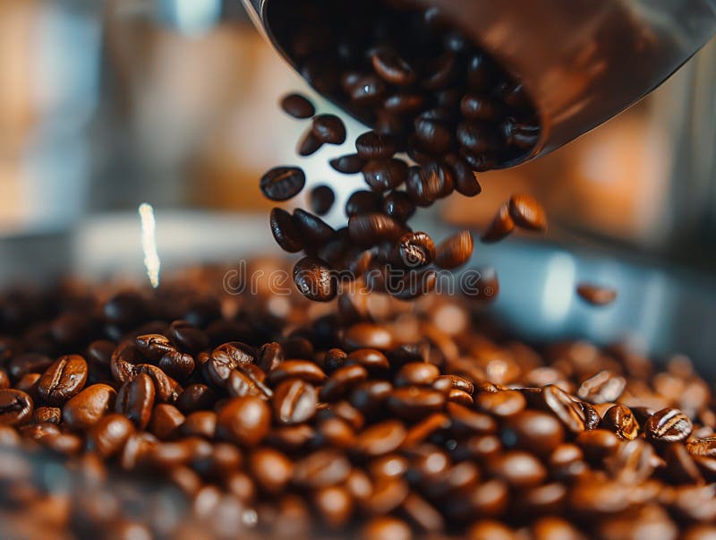 A Large Amount of Coffee Beans are Falling Out of a Container Stock ...