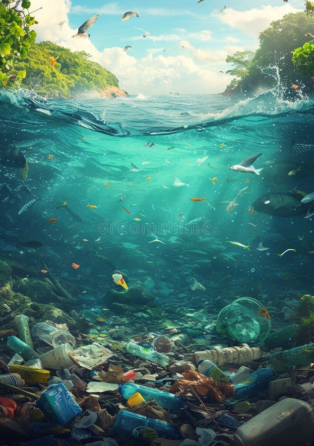 Large Amount of Trash Floating in the Ocean Stock Illustration ...