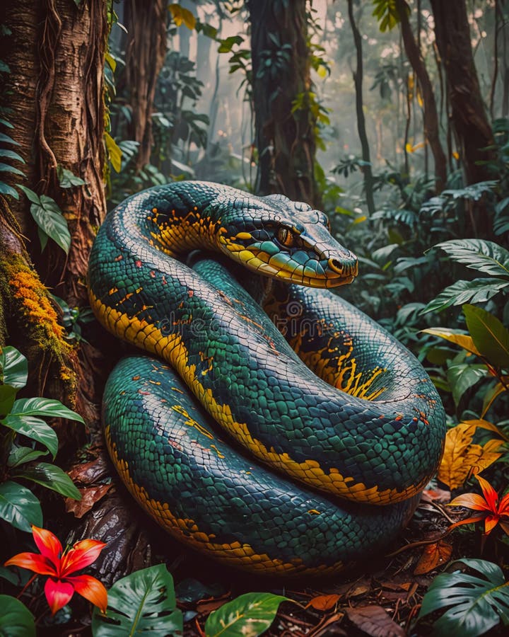 A Large Anaconda Snake Coiled in a Lush Rainforest Stock Illustration ...