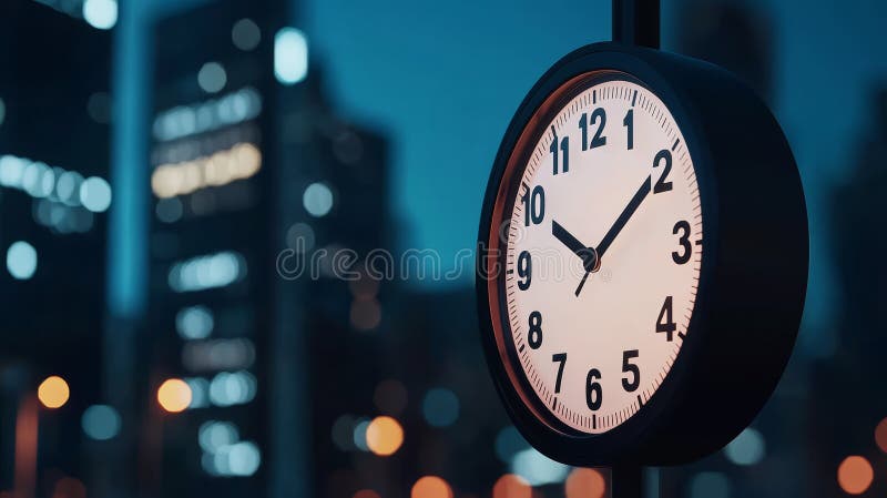 Large Analog Clock Illuminated at Night with Blurred Cityscape in ...