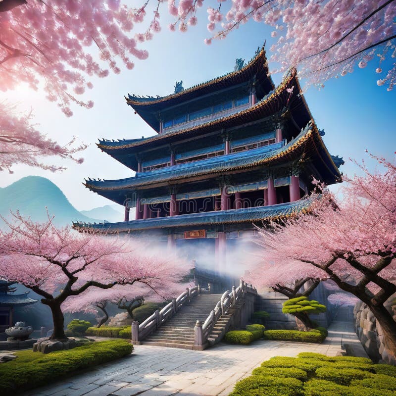 Large Ancient Chinese Temple with Sakurtrees Stock Illustration ...