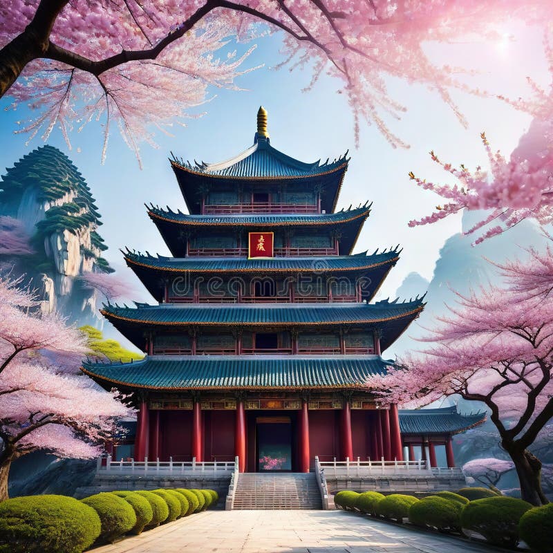 Large Ancient Chinese Temple with Sakurtrees Stock Illustration ...
