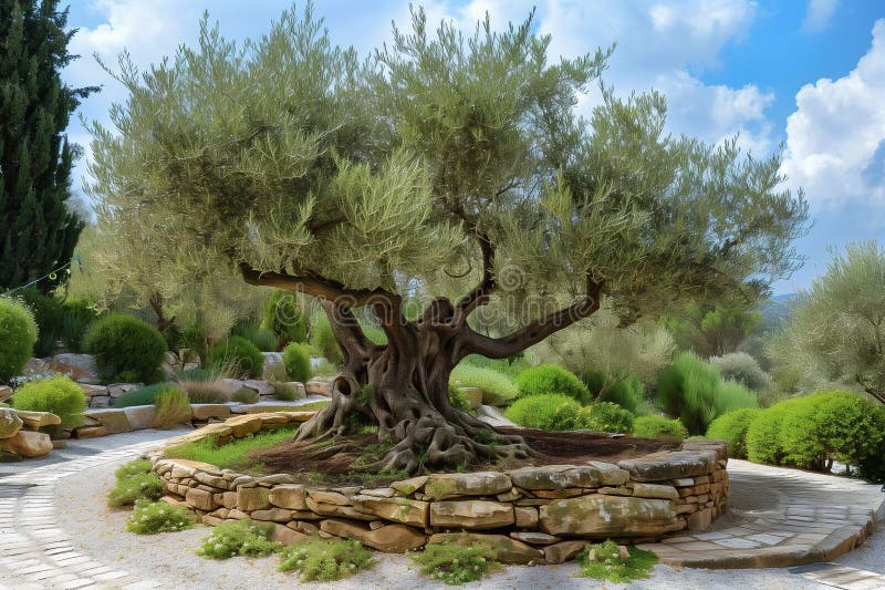 A Large, Ancient Olive Tree in the Center of an Open Field with Rocks ...