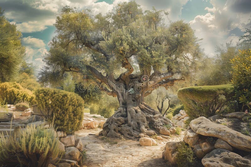 A Large, Ancient Olive Tree in the Center of an Open Field with Rocks ...