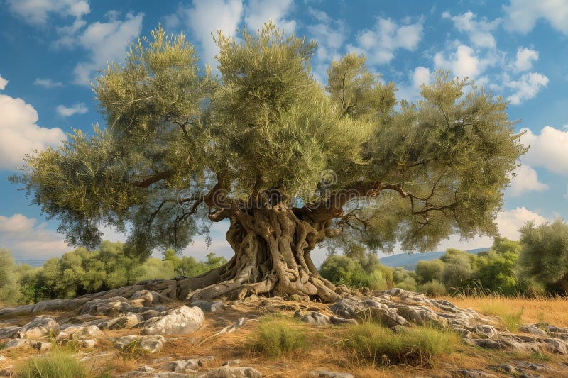 A Large, Ancient Olive Tree in the Surrounded by Rocks and Shrubs Stock ...