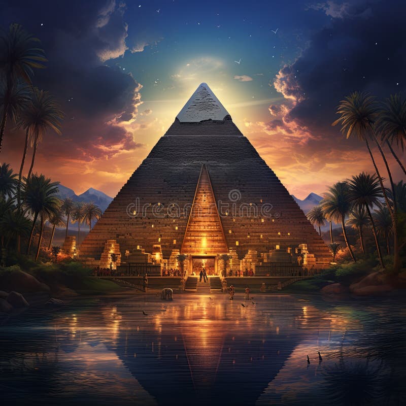Large Ancient Pyramid at Sunset with Reflection in Water and ...
