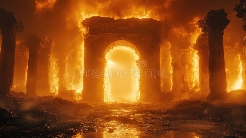 Fiery Ruins of an Ancient Structure Stock Illustration - Illustration ...