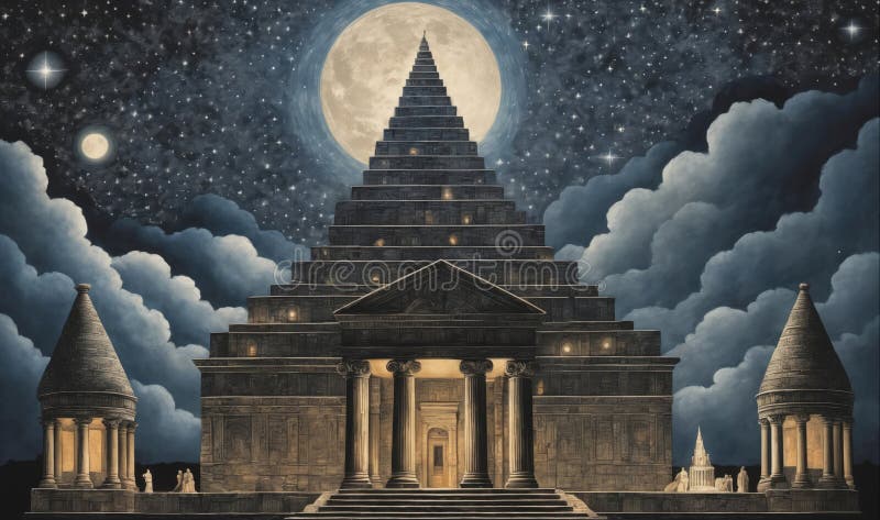 A Large, Ancient Structure Stands Tall Under a Full Moon and a Star ...