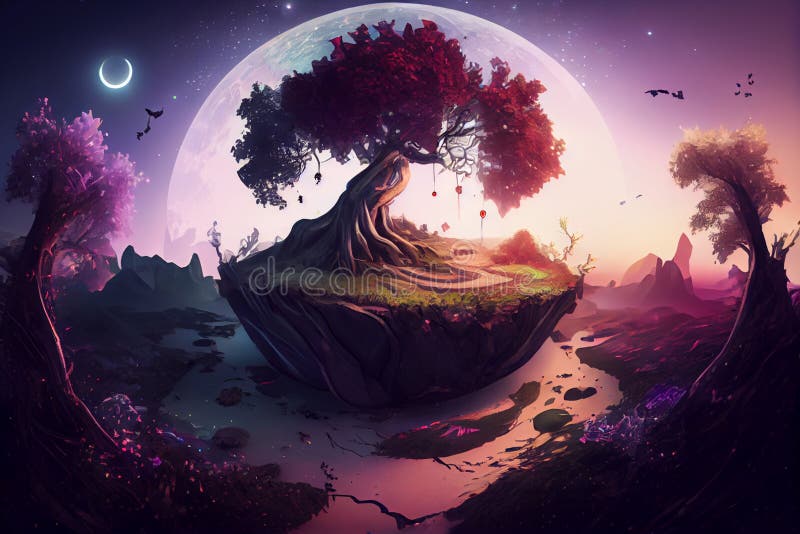 Large Ancient Tree in the Magical World Against the Backdrop of a ...