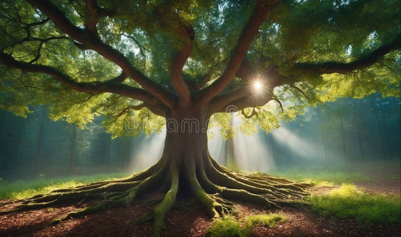 A Large, Ancient Tree Stands Tall in a Forest, Its Branches Reaching ...