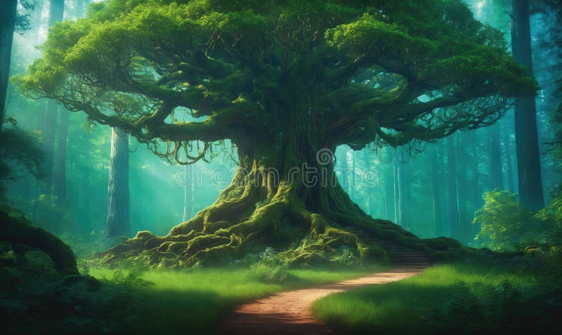 Misty Forest Path Lush Green Canopy Mossy Trees Stock Photos - Free ...