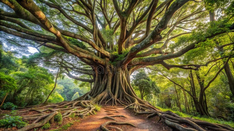 A Large, Ancient Tree Towering Over the Trail with Roots and Vines ...