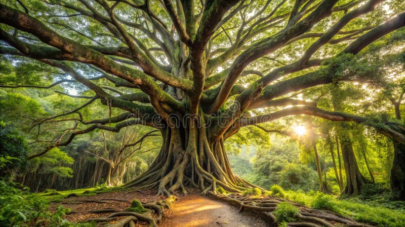 A Large, Ancient Tree Towering Over the Trail with Roots and Vines ...