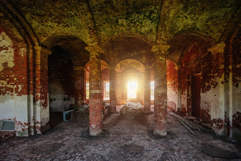 Large Ancient Vaulted Hall with Columns at Abandoned Building Stock ...