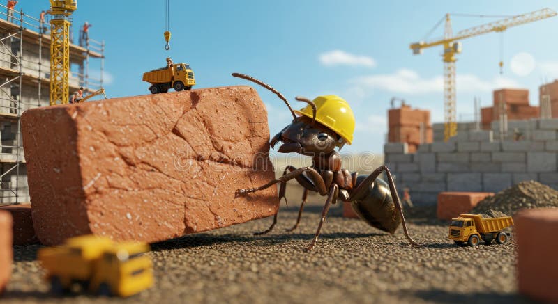 A Large Ant Wears a Yellow Construction Helmet and Pushes a Brick ...