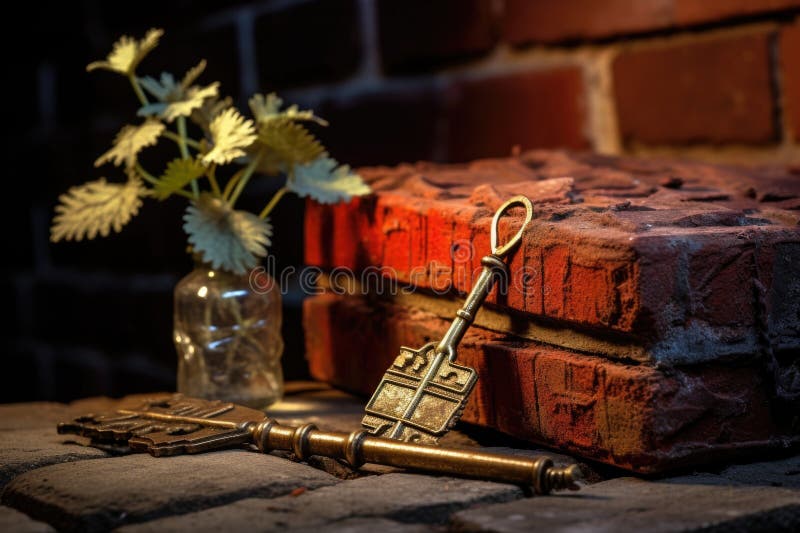 Large Antique Key Resting on a Stack of Red Bricks Under a Bright Light ...