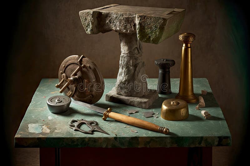 Large Anvil in Form of Stone Table with Hammer and Metal Objects Stock ...