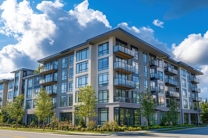 A Large Apartment Building with Many Windows and Balconies Under a Blue ...