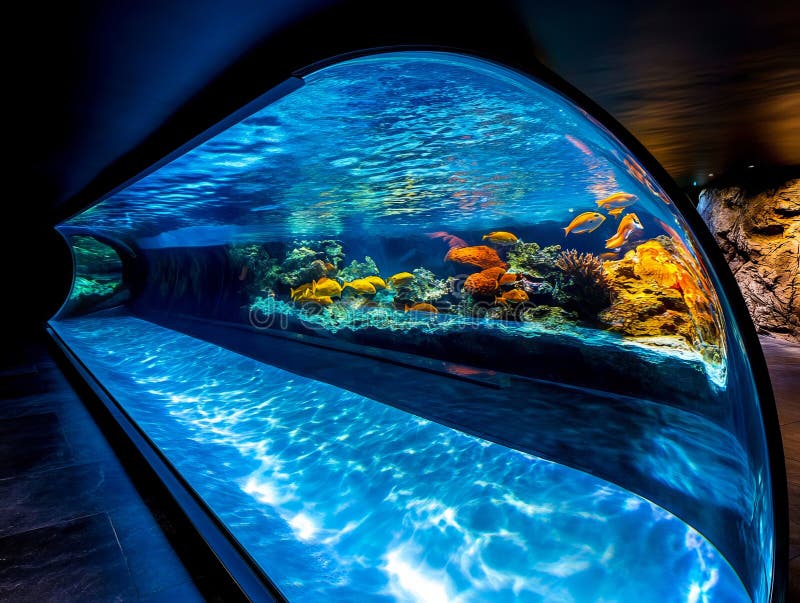 A Large Aquarium Filled with Lots of Fish in a Dark Room Stock Photo ...