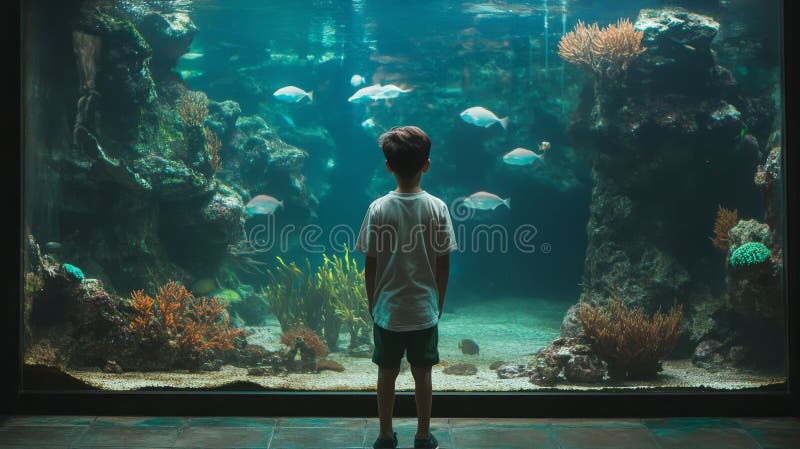 In a Large Aquarium, a Young Boy Observes Colorful Fish Stock Image ...
