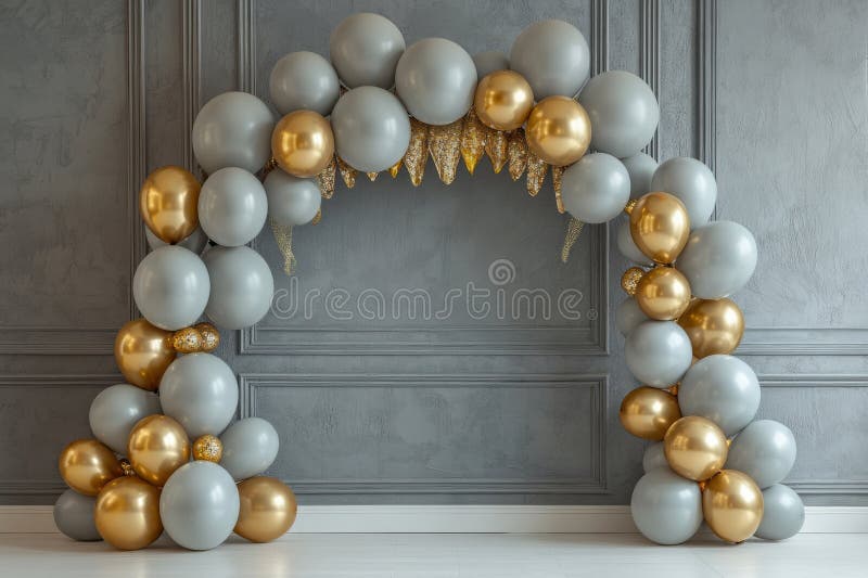 A Large Arch Made of Balloons with Gold Accents Stock Image - Image of ...