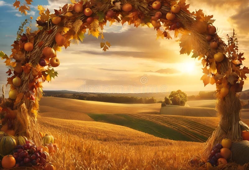 A Large Arch Made Out of Branches Surrounded by Fall Foliage and Fruit ...