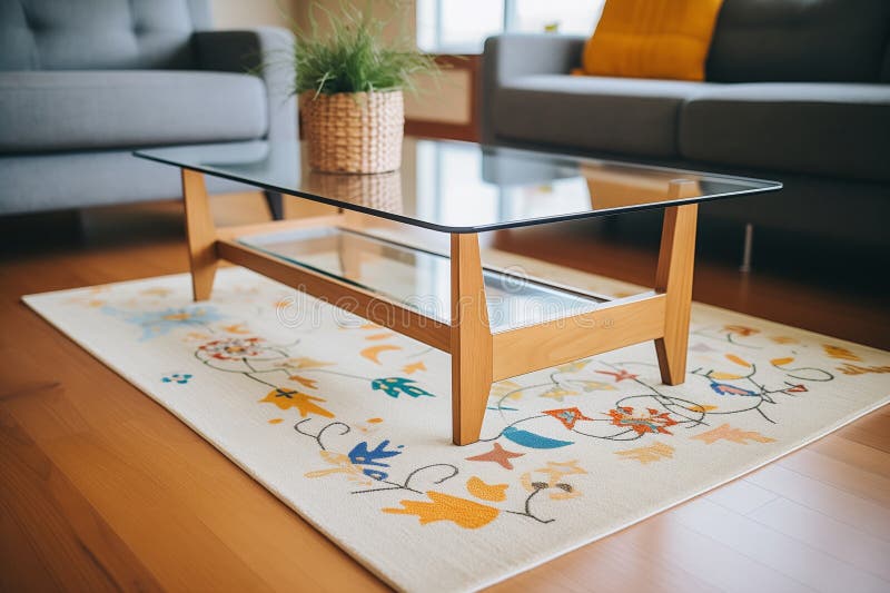 A Large Area Rug Under an Empty Glass Coffee Table Stock Image - Image ...