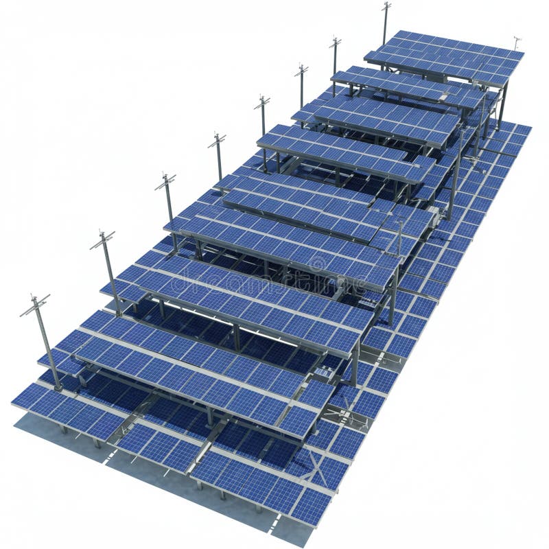 Large Array of Blue Solar Panels Mounted on Metal Frames. Arranged in ...