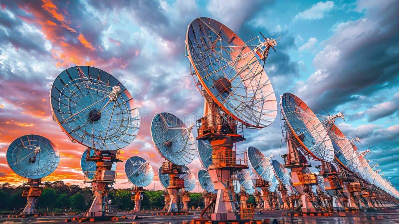 Large Array of Satellite Dishes Communicating with Satellites at Sunset ...