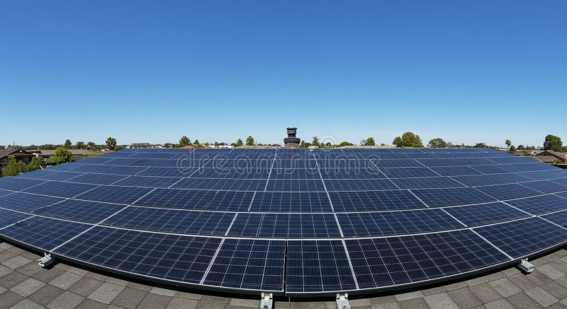 A Large Array of Solar Panels is Installed on a Rooftop Under a Clear ...