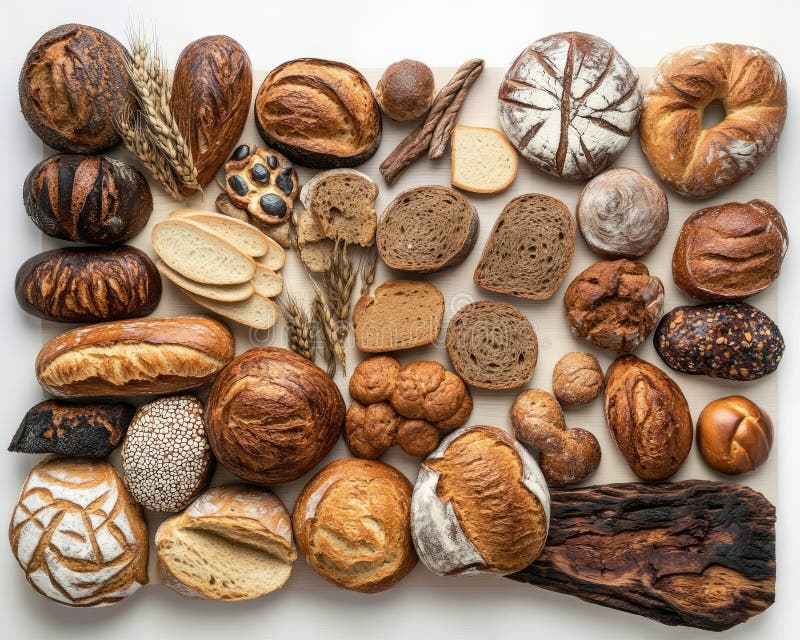 Large Assortment of Different Types of Bread on a White Table, Fresh ...