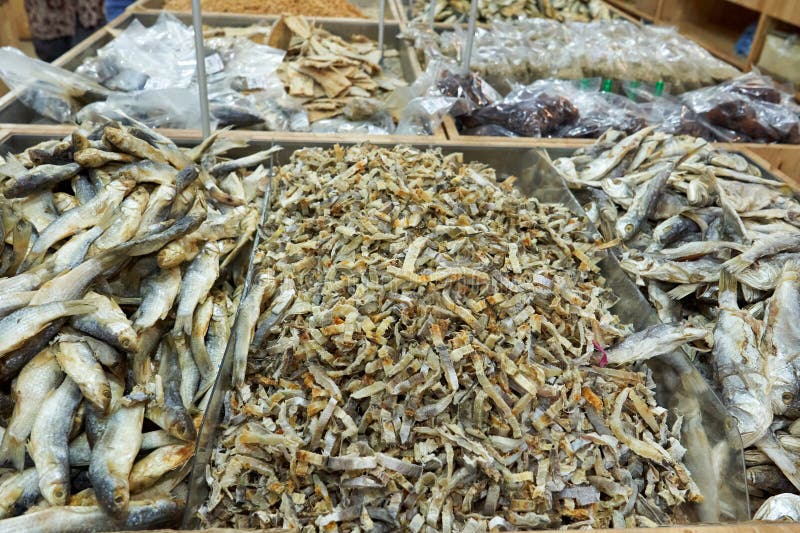 A Large Assortment of Dried Fish is on Display in the Asian Store Stock ...