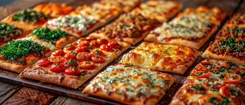 Large Assortment of Rustic Pizzas Slices Displayed on Wooden Table ...