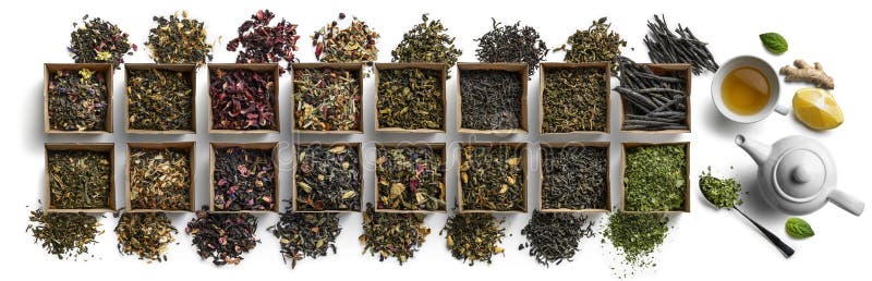 Large Assortment of Tea on a White Background. the View from the Top ...