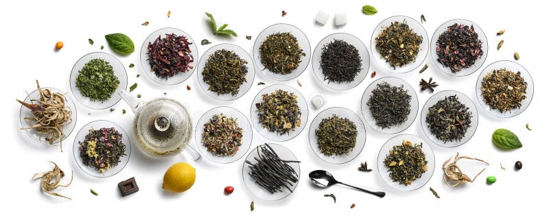 Large Assortment of Tea on a White Background. the View from the Top ...