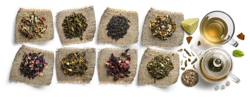 Large Assortment of Tea on a White Background. the View from the Top ...