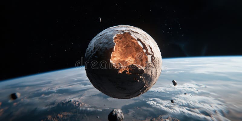 Large Asteroid with Glowing Core Floats Above Earth Stock Illustration - Illustration of light ...