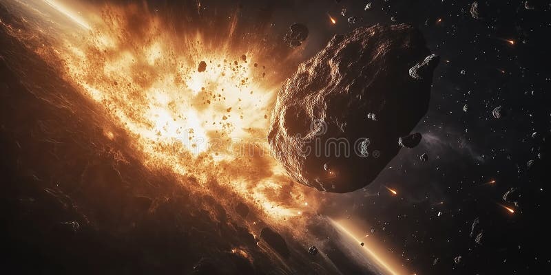 Large Asteroid Impacting a Planet Causing a Massive Explosion with Fire ...