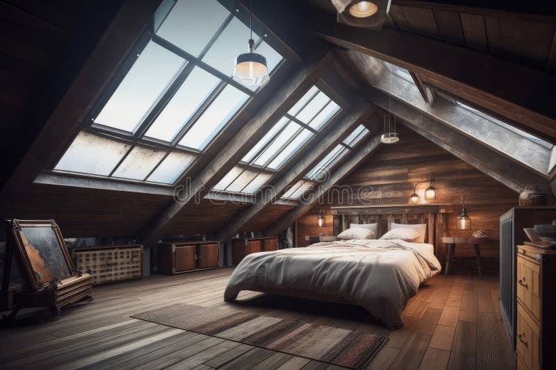 Large Attic Room with Skylight and View of the Night Sky Stock ...