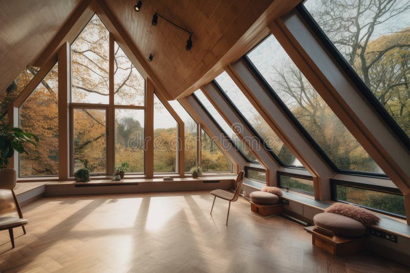 Large Attic Space with Wall of Windows Overlooking Garden Stock ...