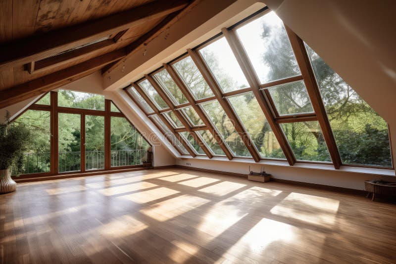 Large Attic Space with Wall of Windows Overlooking Garden Stock ...