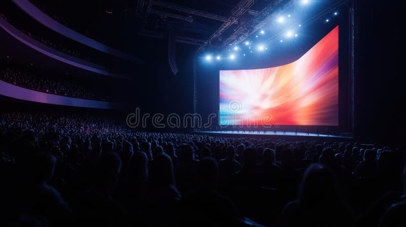 Large Audience Attends Tech Event. Big Screen Displays Dynamic Content ...