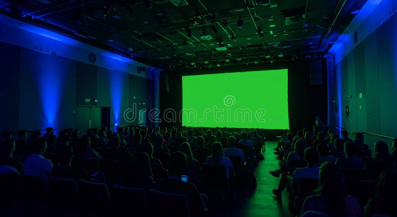 Large Audience in Auditorium Facing a Bright Green Screen Stock ...