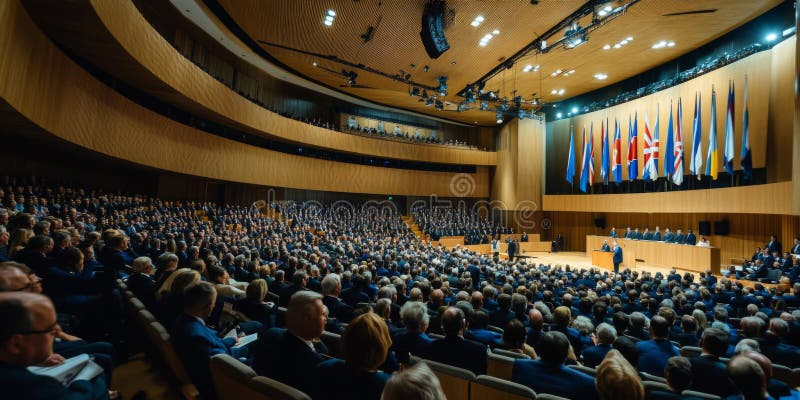 A Large Audience Gathers in a Modern Conference Hall for an Important ...