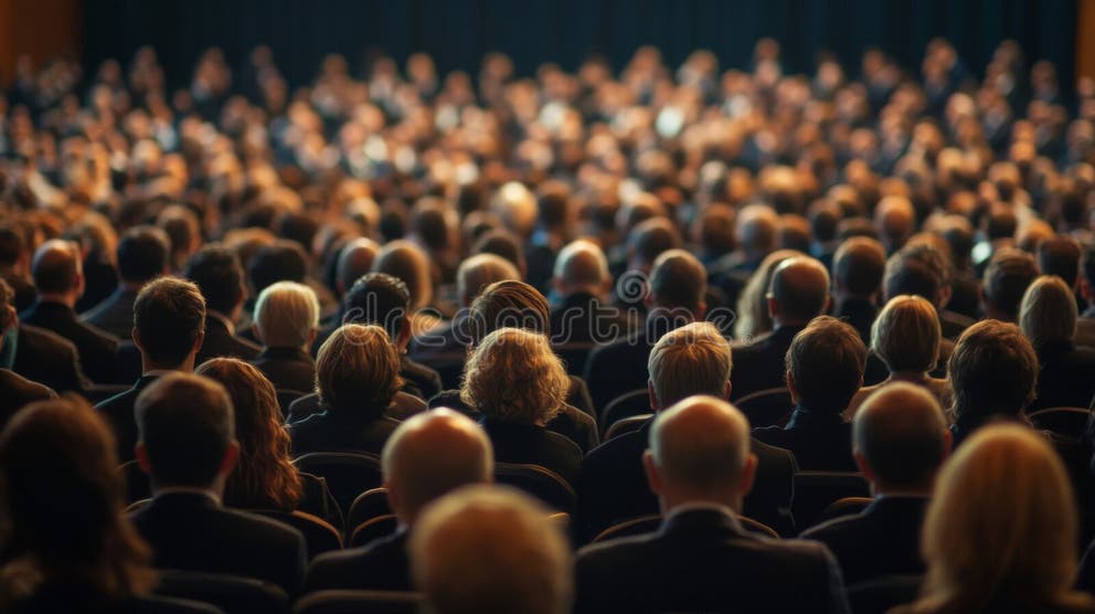 A Large Audience Seated in a Conference Hall, Back View Stock ...