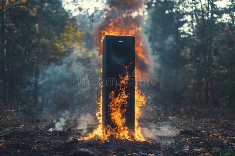 Large Audio Speaker Burning in Forest, Conceptual Image Representing ...