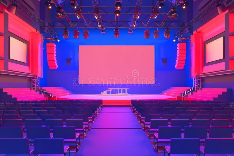 A Large Auditorium with a Blue and Red Stage and a Large Screen with ...