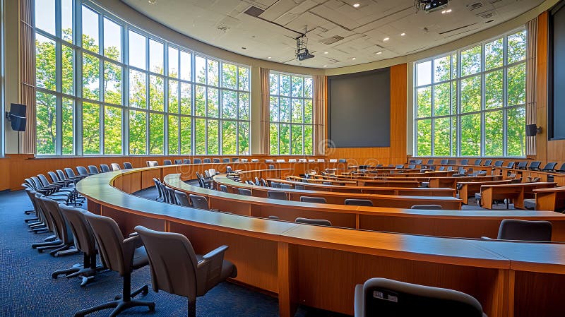 Large Auditorium with Curved Seating and Natural Light from Big Windows ...