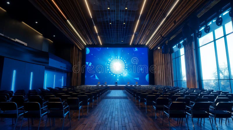 A Large Auditorium with Rows of Chairs and a Projector Screen Stock ...